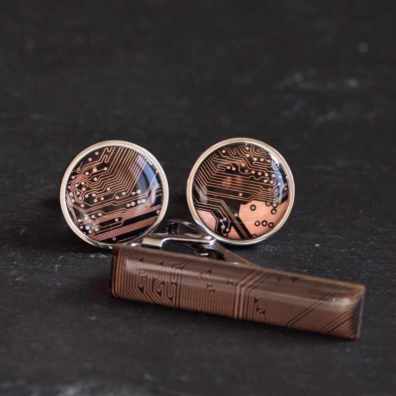 Black and Copper Cufflinks and Tie Clip Set - Unique Circuit Board ...