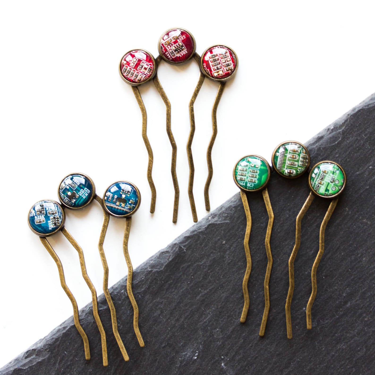Colorful Hair Comb With Three Recycled Circuit Board Pieces, Unique ...