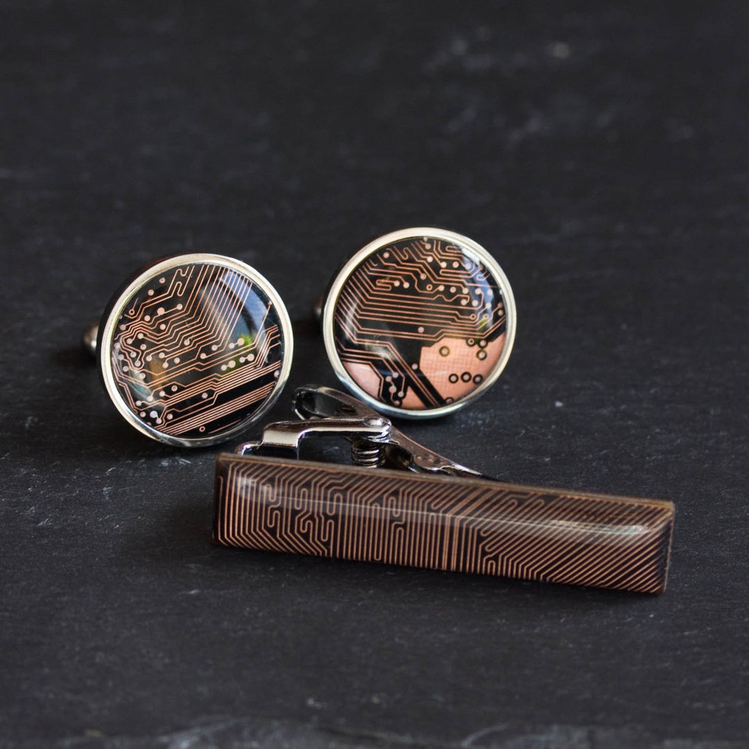 Black and Copper Cufflinks and Tie Clip Set - Unique Circuit Board ...