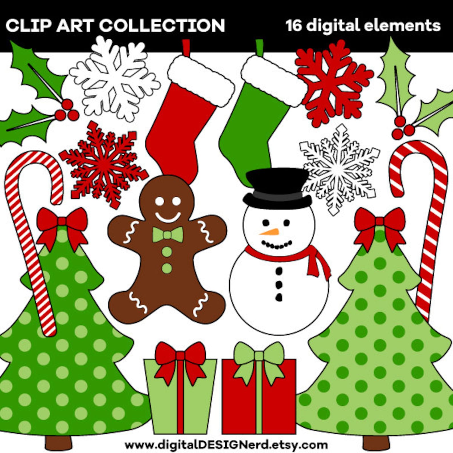 Christmas Clip Art Red & Green set of 16 Digital Scrapbook | Etsy