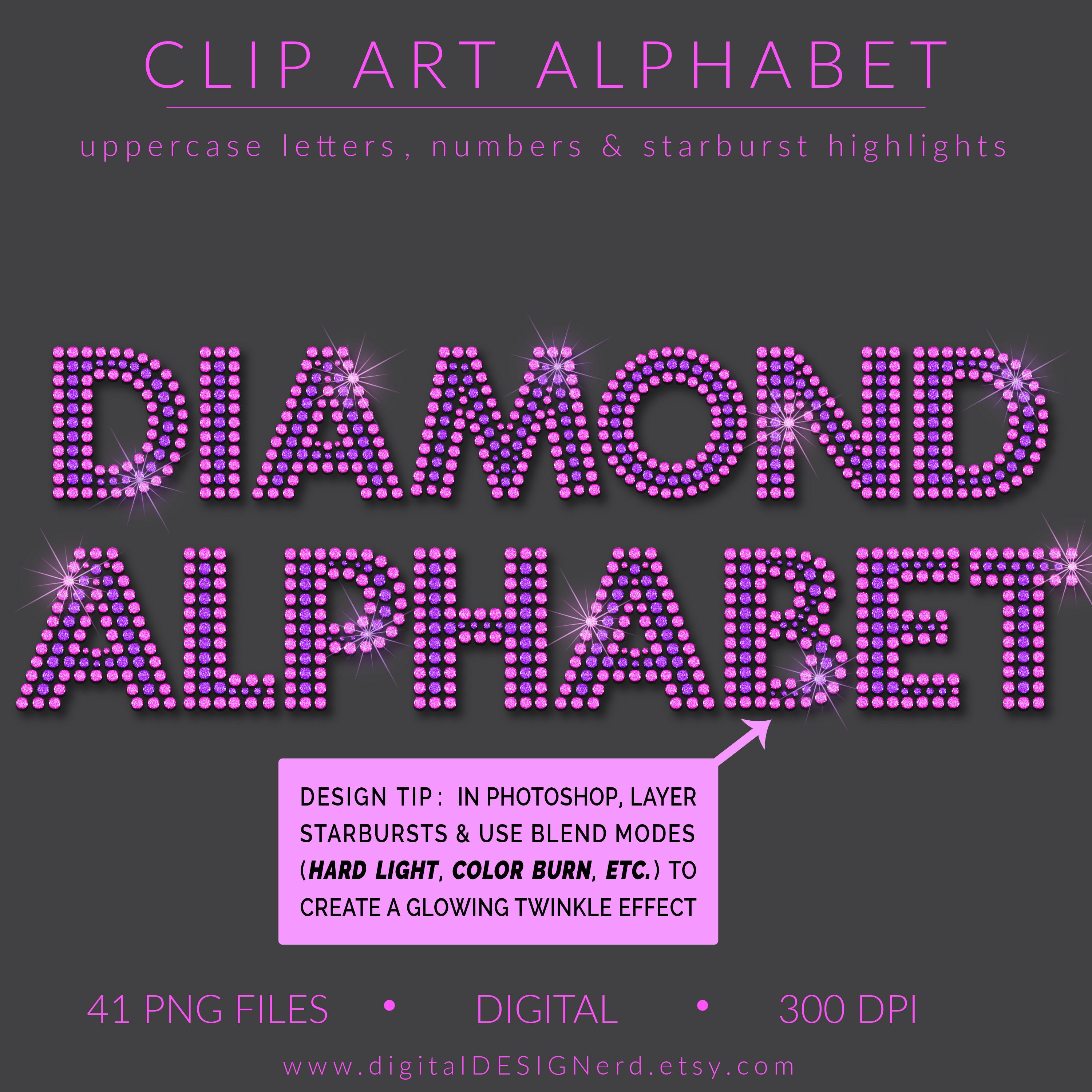 Gemstone Alphabet Clip Art: Pink & Purple Letters, Numbers (PNG Digital ...