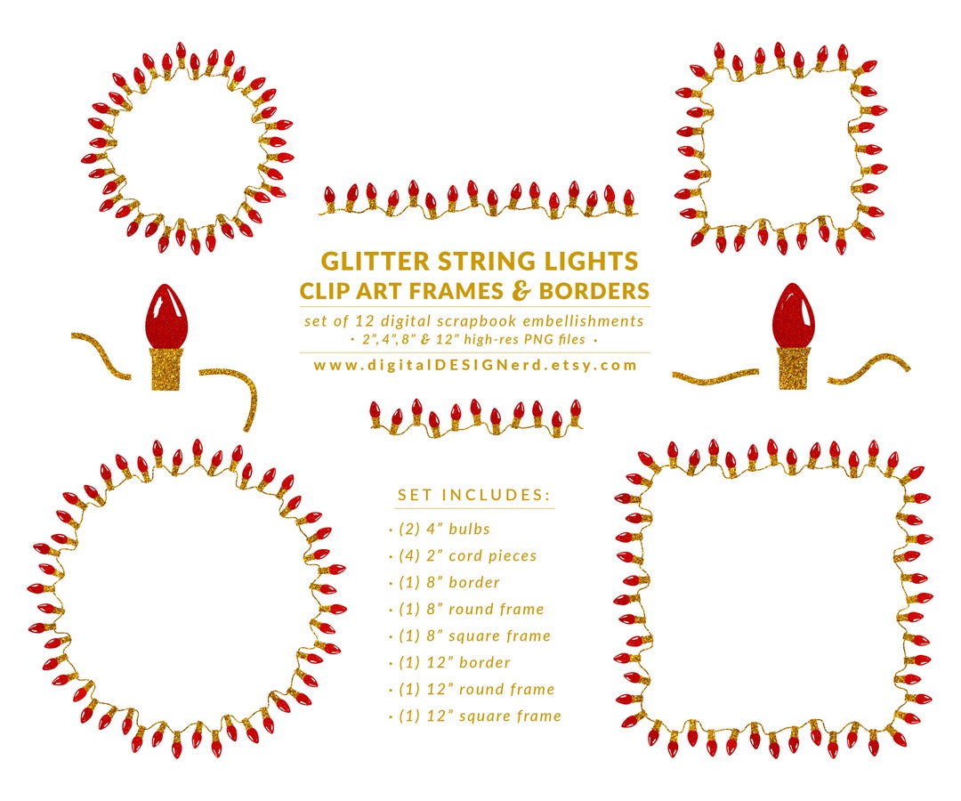 Glitter Frames & Borders Clip Art String Lights Sparkly Ruby Red Bulbs ...