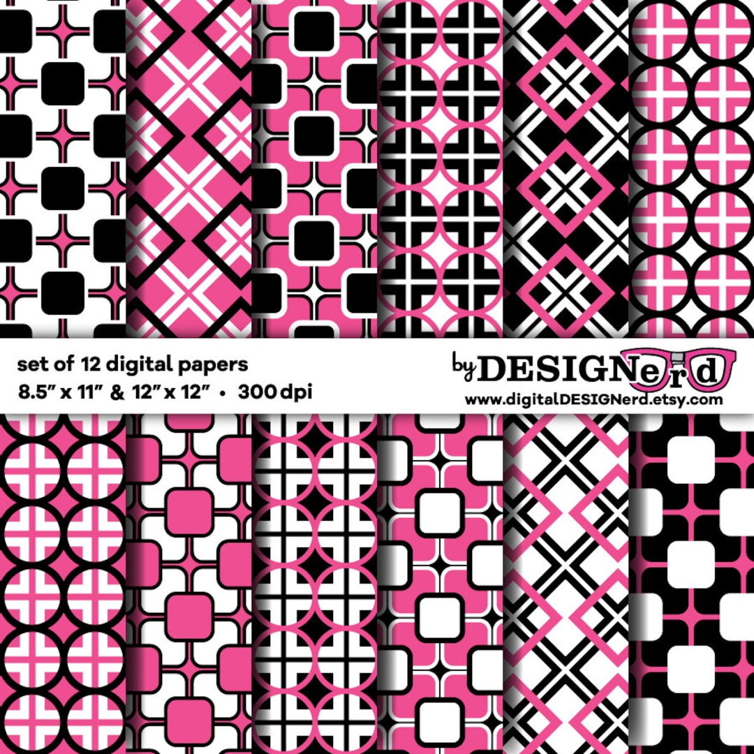 Pink Black & White Digital Paper Collection 15 - 8.5x11 | 12x12 ...