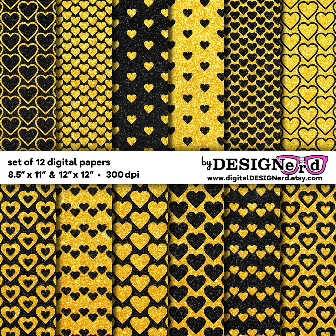 Glitter Heart Digital Paper | Black & Gold | 12x12 8.5x11 | Printable ...