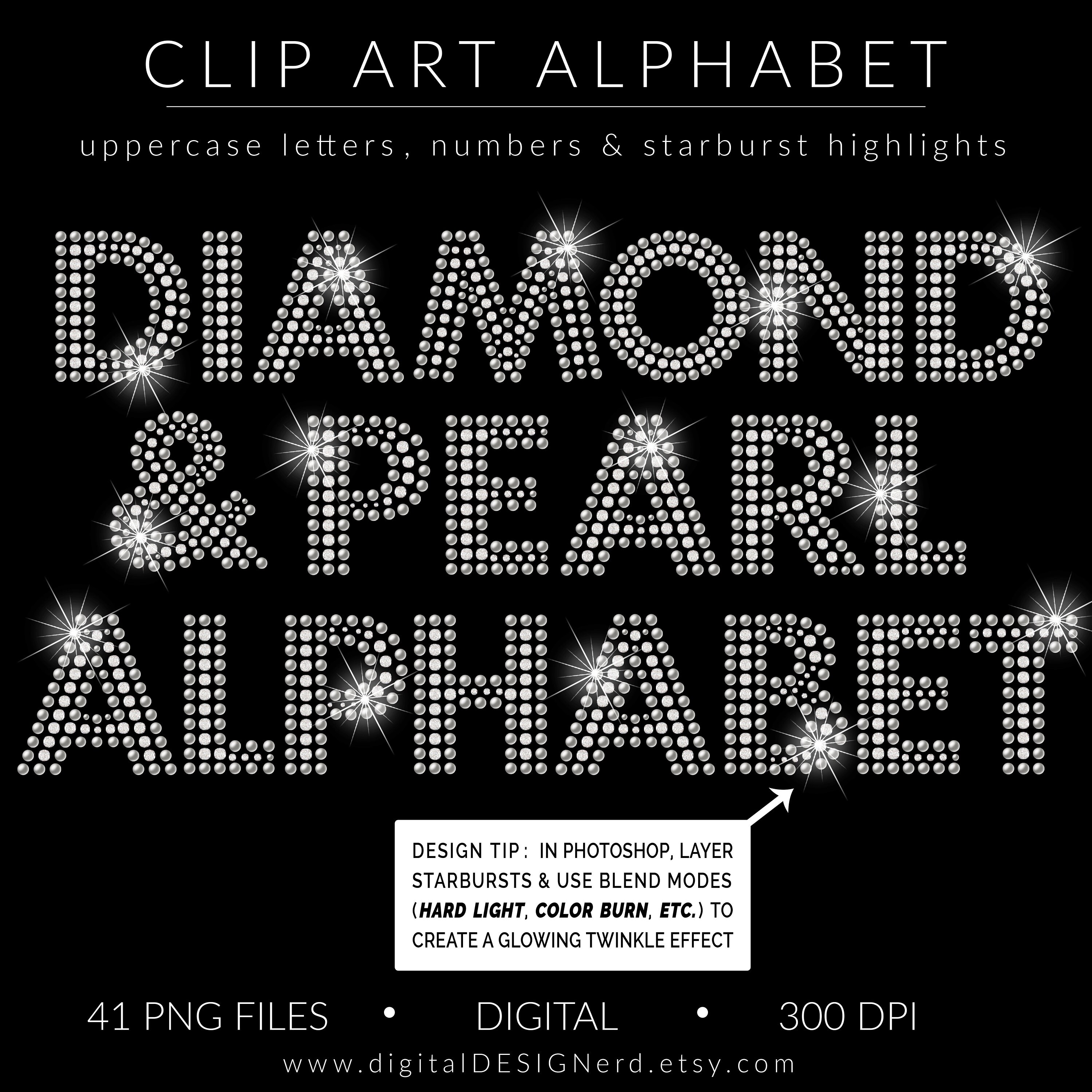 Diamond Pearl Alphabet Clipart: Bling Letters, Numbers (PNG Digital ...