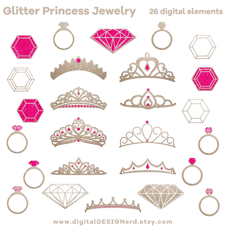 Sparkly Princess Jewelry Clip Art | Bright Silver & Pink Glitter | 26 ...