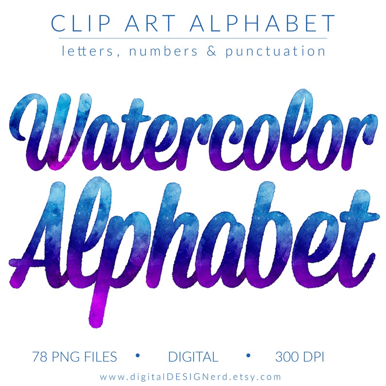 Watercolor Clip Art Alphabet | Dark Blue & Purple Ombre Letters Numbers ...