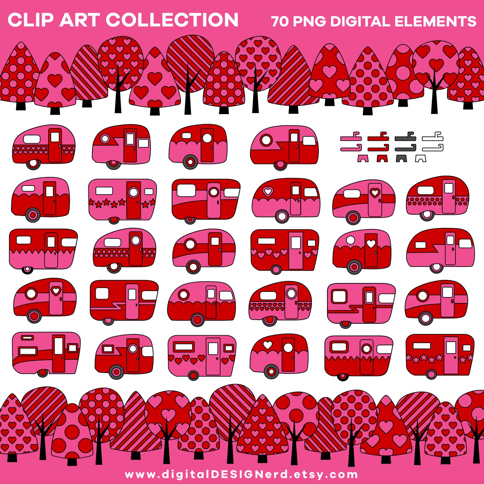 Vintage Campers Clip Art Red & Pink 70 Digital Scrapbook | Etsy