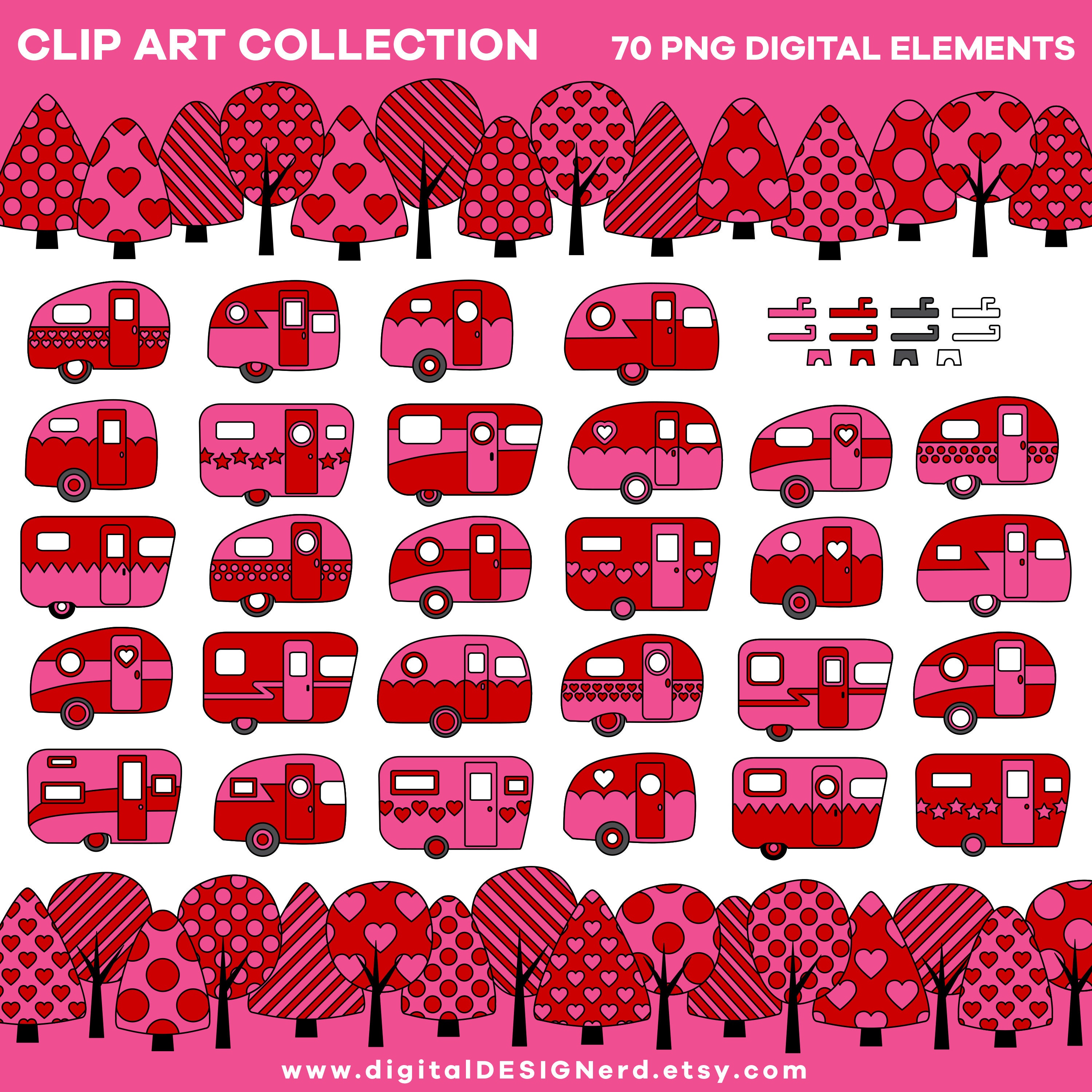 Vintage Campers Clip Art | Red & Pink | 70 Digital Scrapbook Elements ...