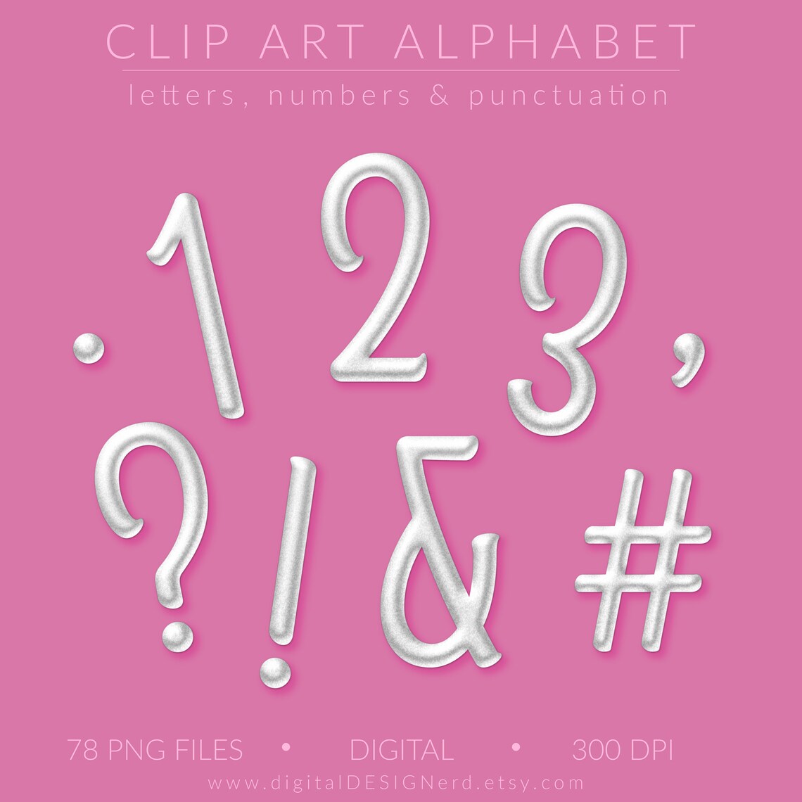 White Glitter Alphabet Clip Art: Metallic Sparkle Letters, Numbers (PNG ...