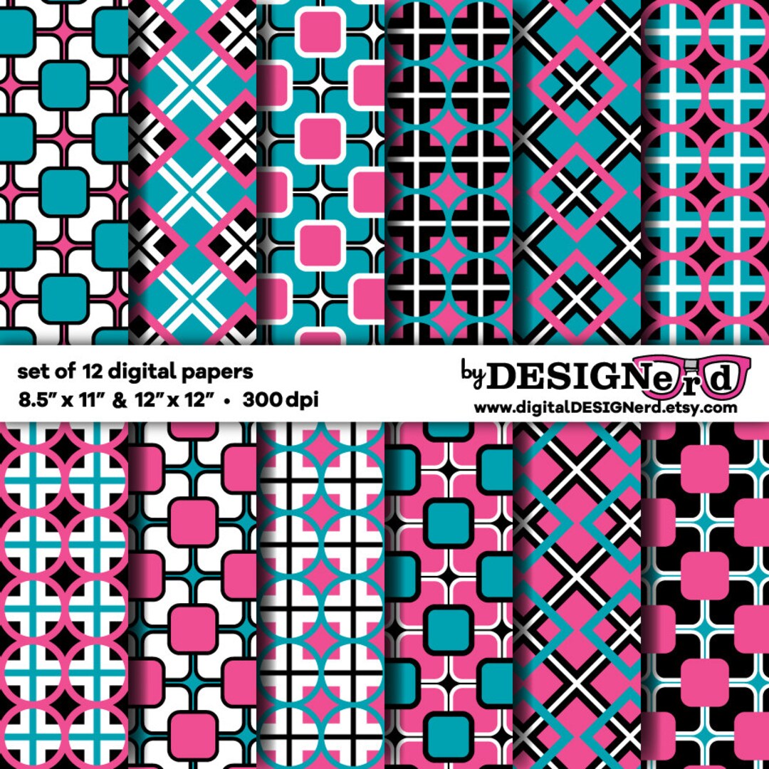 Teal Pink Black & White Digital Paper Collection 15 - 8.5x11 | 12x12 ...