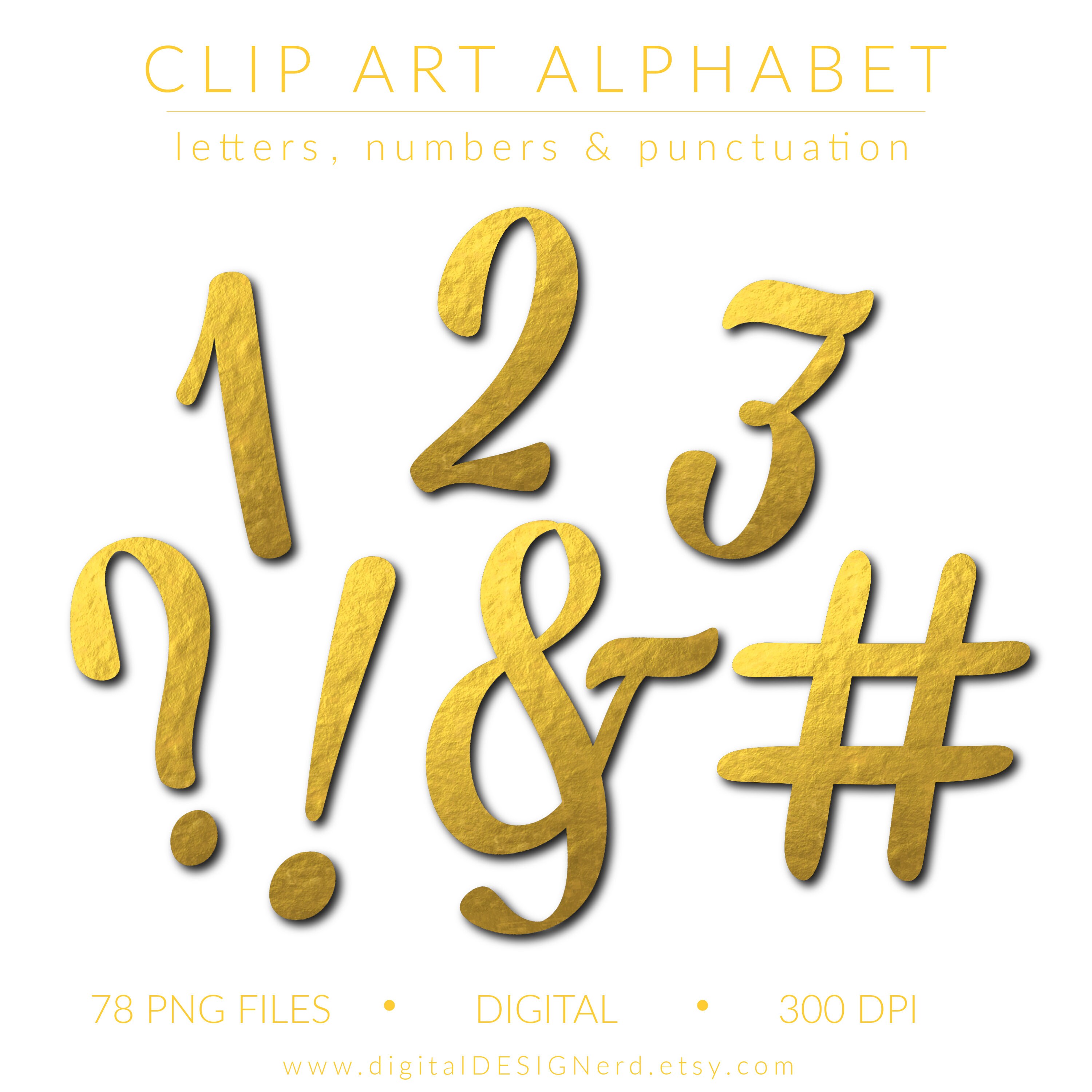 Clip Art Alphabet Bright Gold Metal Foil Letters Numbers & - Etsy