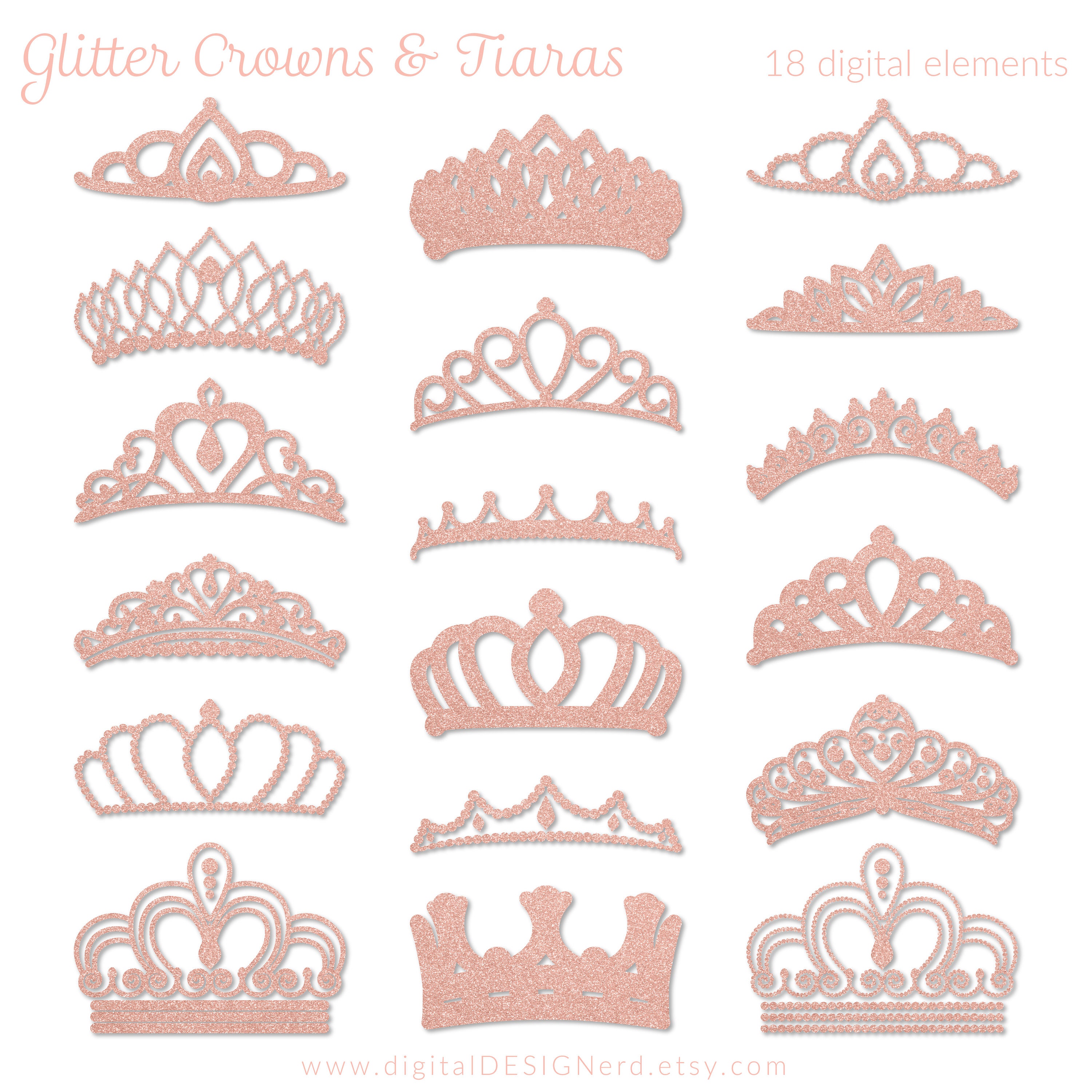 Rose Gold Glitter Clip Art Crowns & Tiaras 18 Digital | Etsy