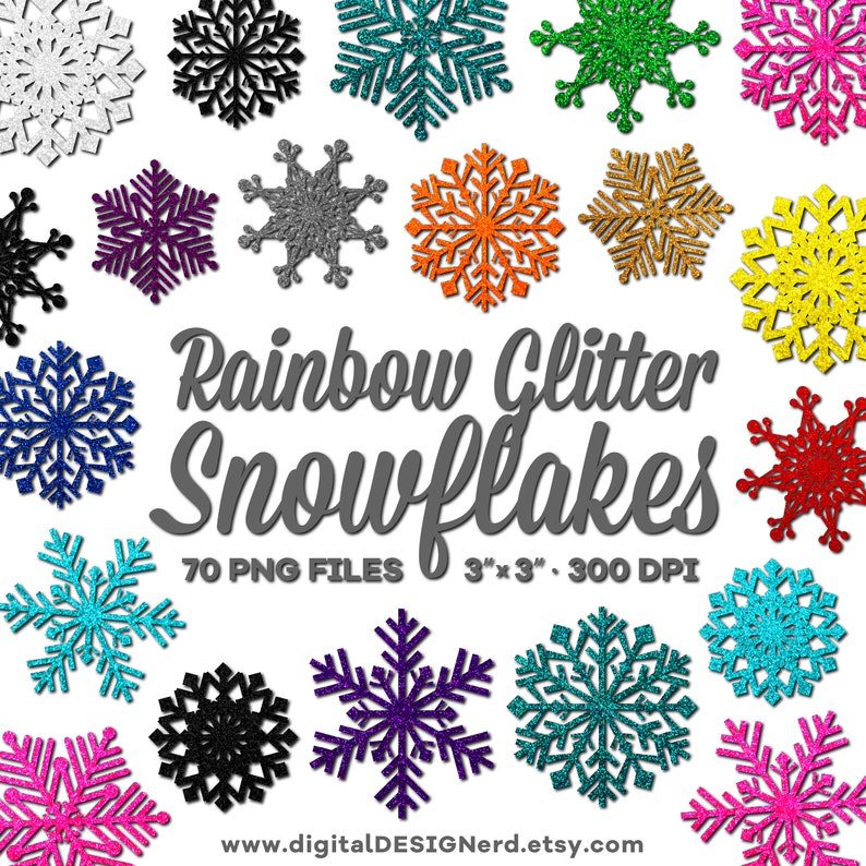 Rainbow Glitter Snowflakes Clip Art: 70 PNG Digital Elements (digital ...