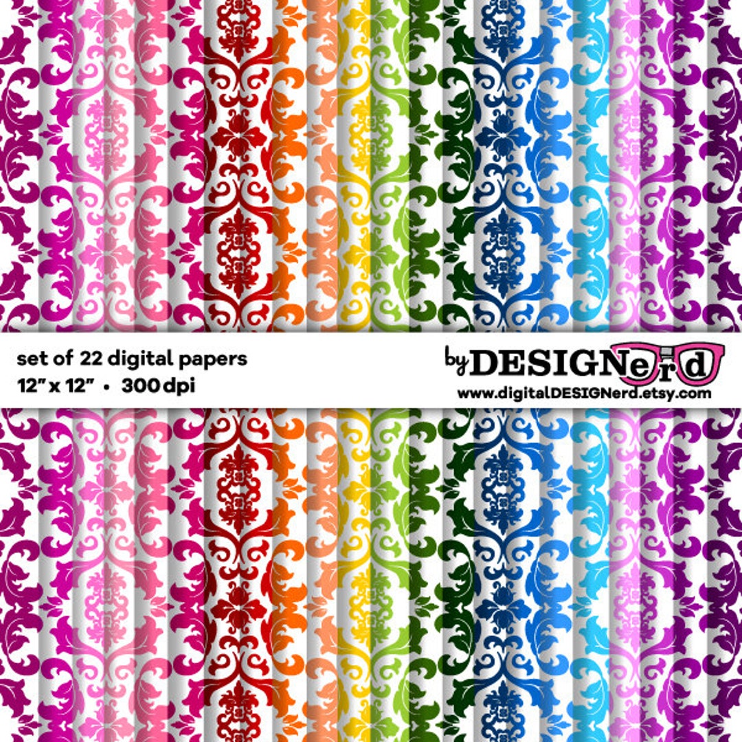 Digital Scrapbook Paper - Rainbow Damask Collection (no. 3) - Etsy