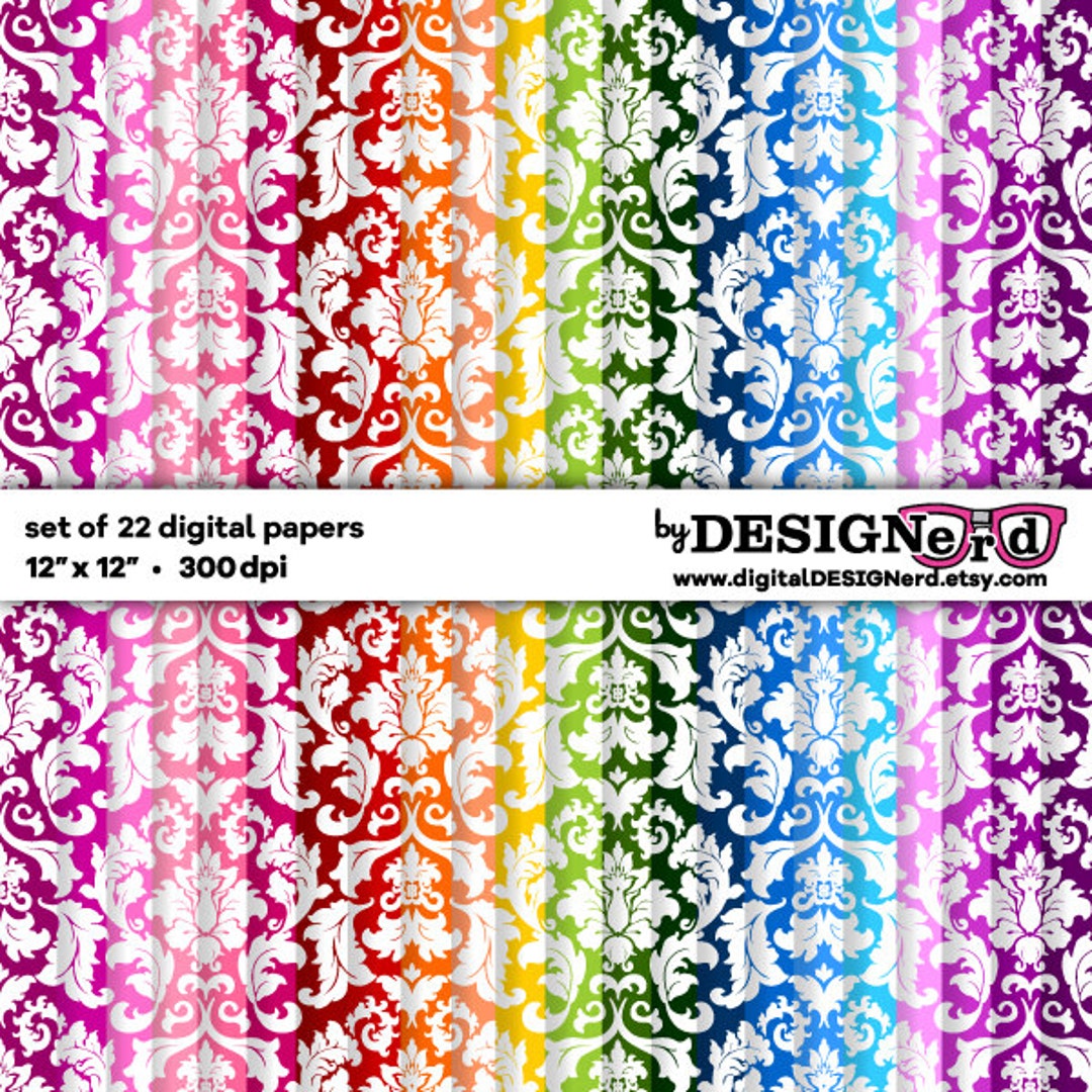 Rainbow Damask Digital Scrapbook Paper: Bright Party Backgrounds ...