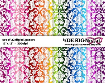 Digital Scrapbook Paper Rainbow Damask Collection 1 | Etsy