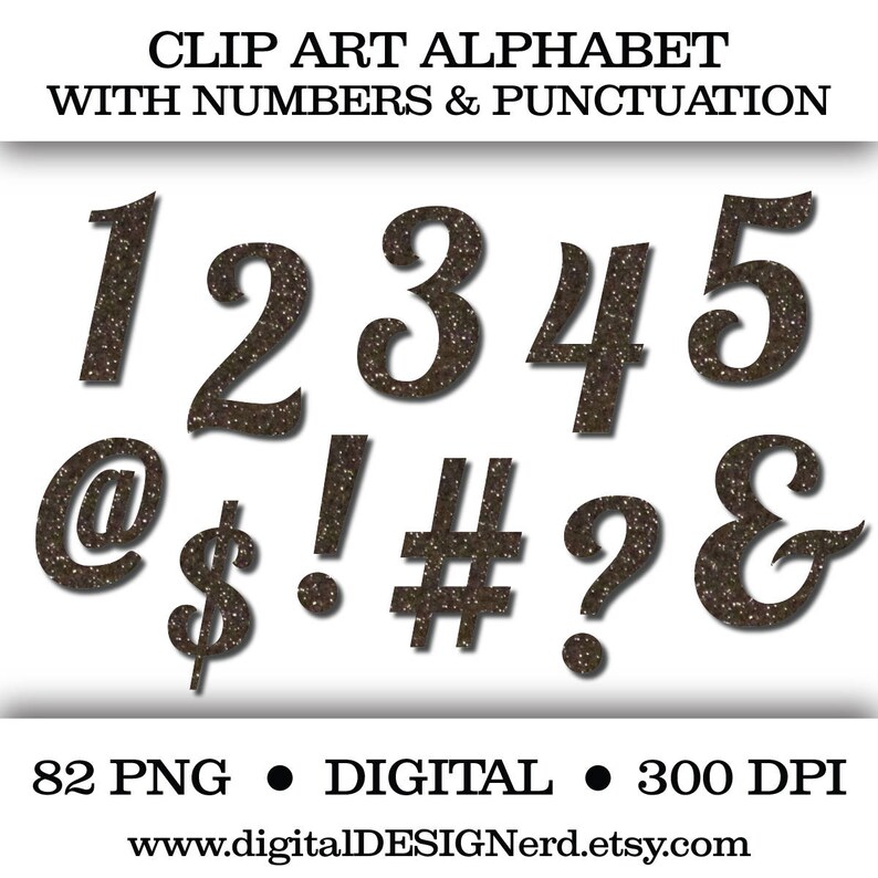 Black Glitter Alphabet Clip Art: PNG Letters, Numbers, Punctuation ...
