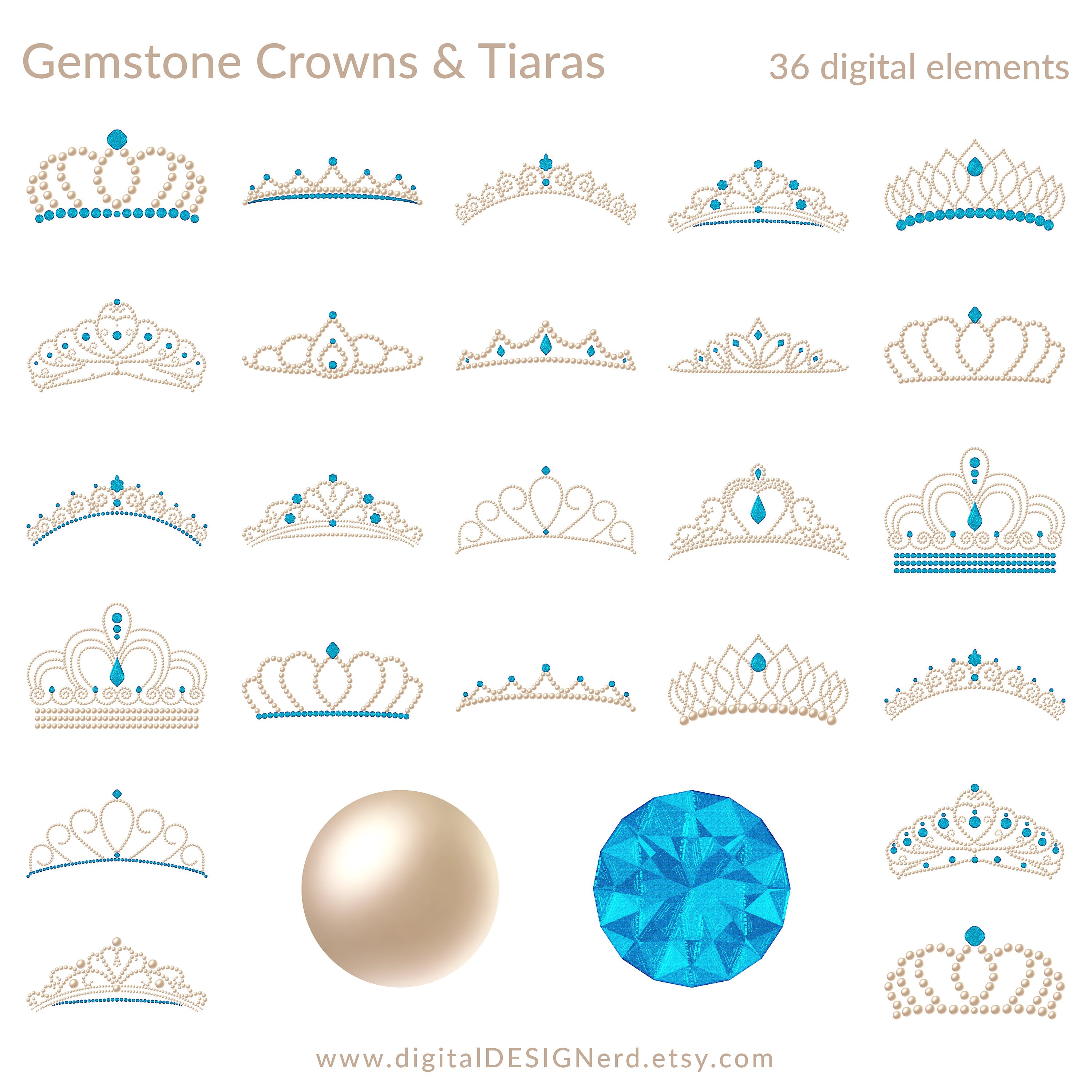 Ivory Pearl & Blue Topaz Crowns and Tiaras | 36 PNG Digital Clip Art ...