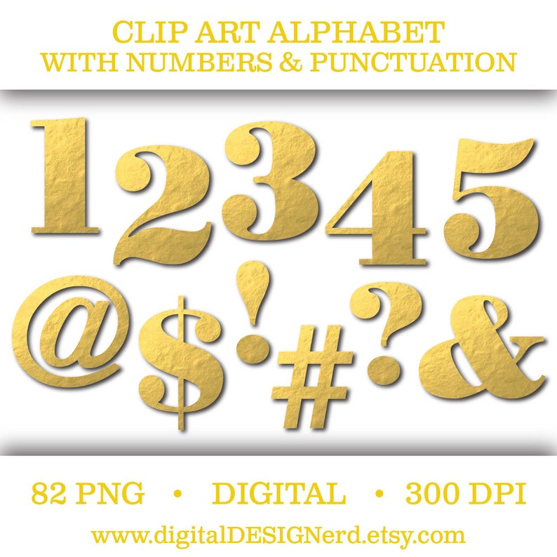 Clip Art Alphabet Gold Foil Letters Numbers & Punctuation - Etsy