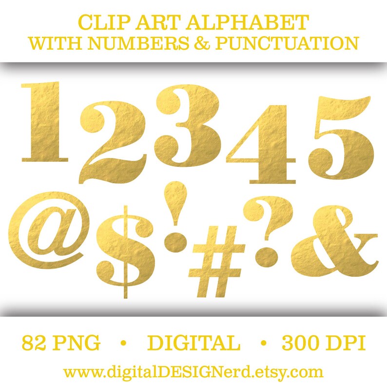 Clip Art Alphabet Gold Foil Letters Numbers & Punctuation - Etsy
