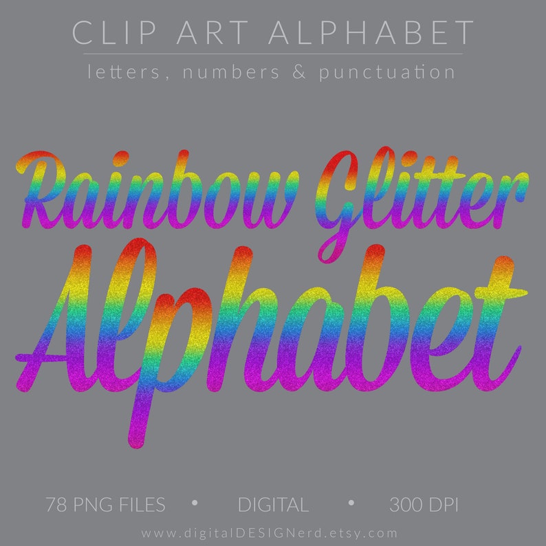 Rainbow Glitter Alphabet Clip Art: 78 PNG Digital Letters (digital ...