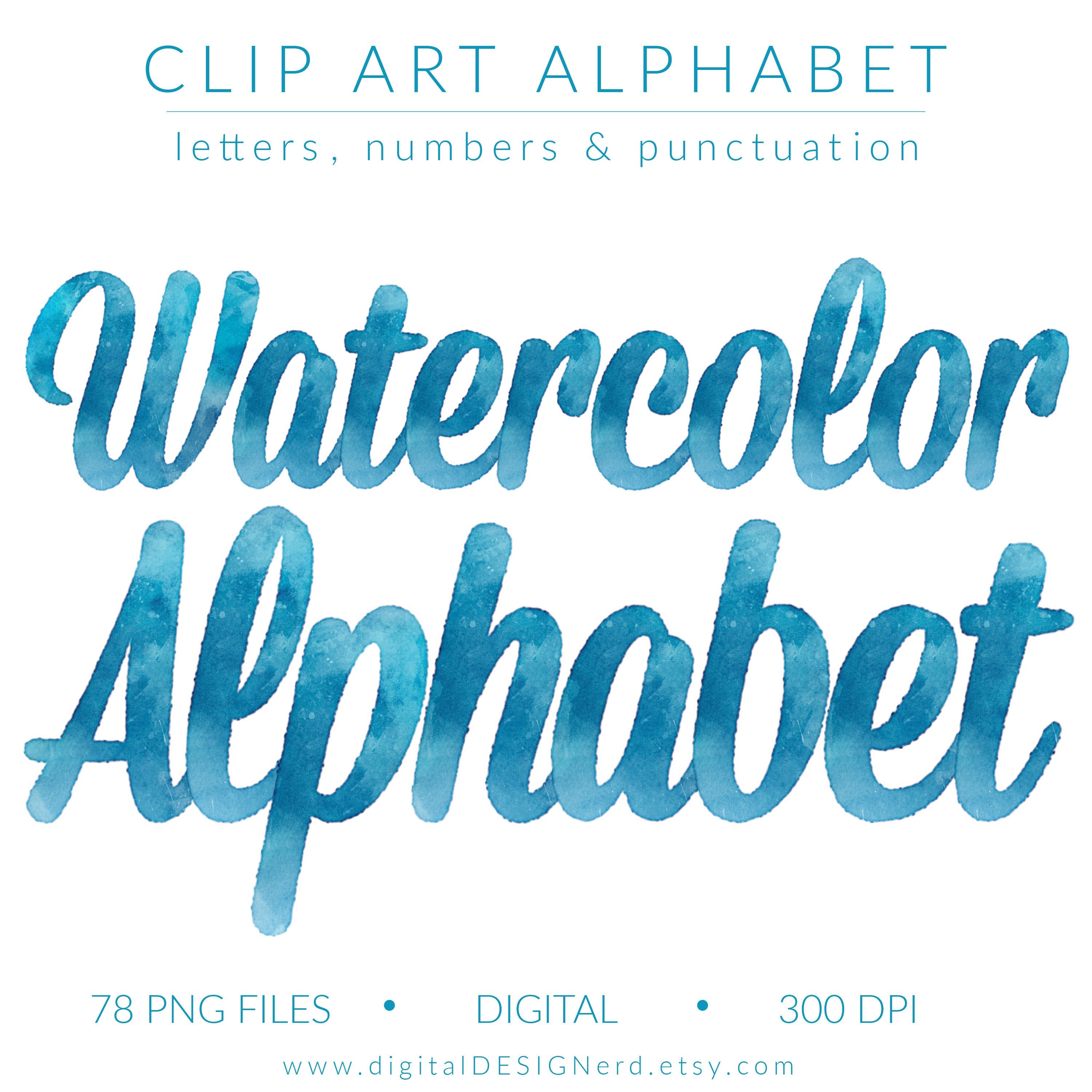 Clip Art Watercolor Alphabet Blue Letters Numbers & - Etsy