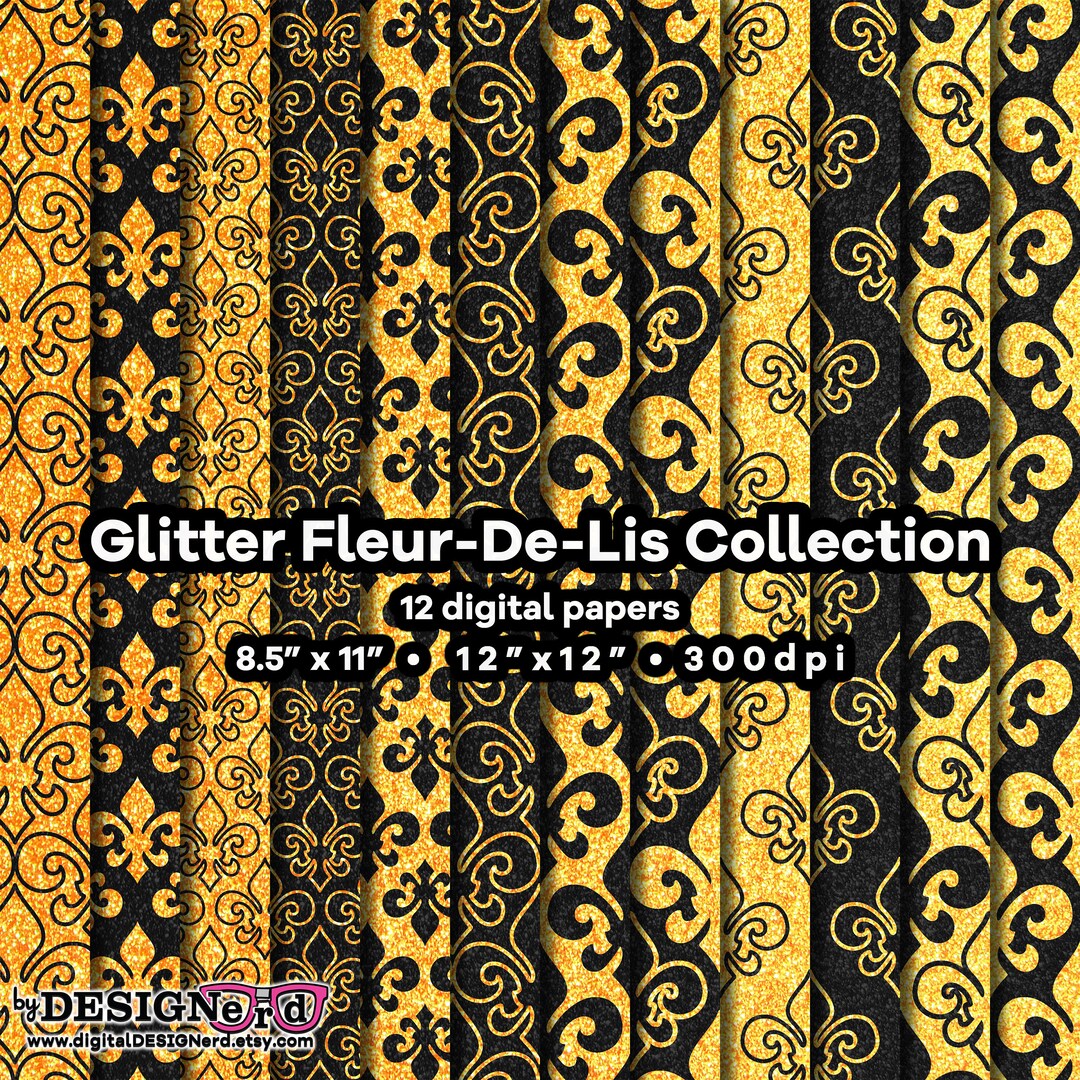 Glitter Fleur-de-lis Digital Scrapbook Paper | Black & Bright Gold | 8. ...