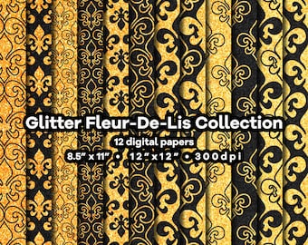 Fleur De Lis Digital Papers 12"x12" Black and Gold Photo Backdrops ...