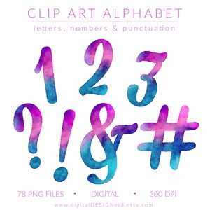 Clip Art Watercolor Alphabet | Blue Purple & Pink Ombré Letters Numbers ...