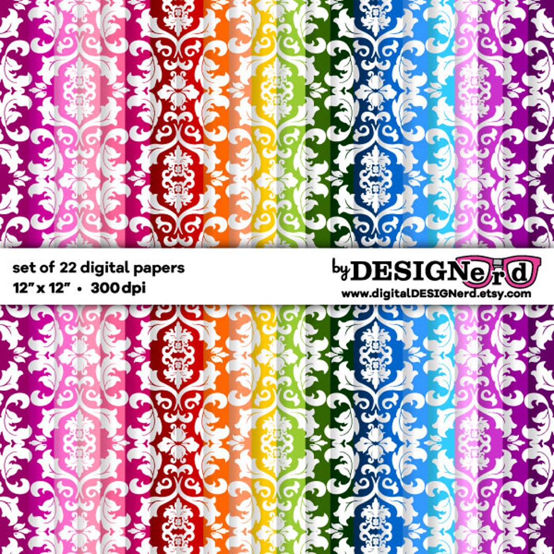 Digital Scrapbook Paper - Rainbow Damask Collection 4 (12"x12") Party ...