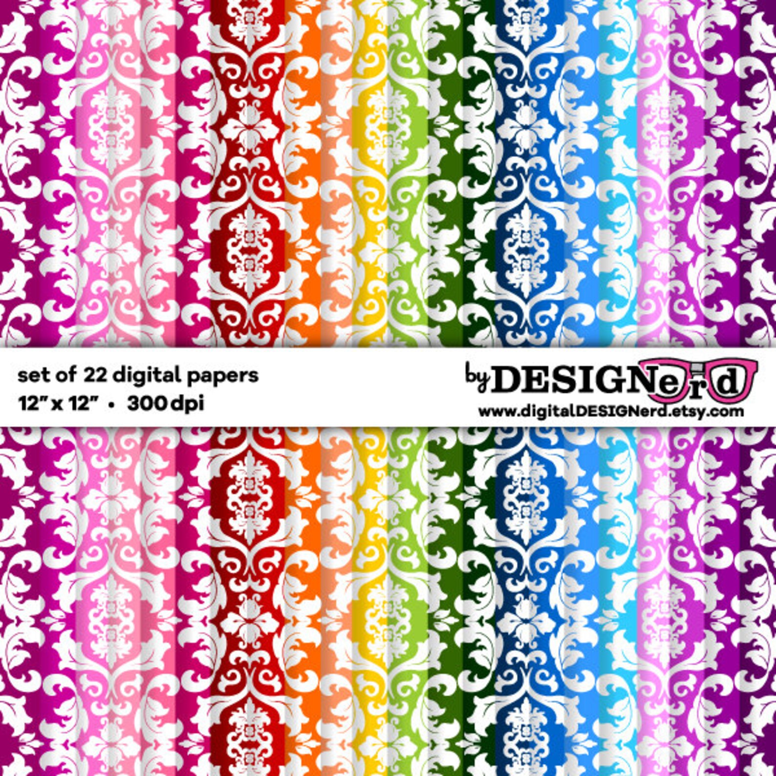 Digital Scrapbook Paper - Rainbow Damask Collection 4 (12"x12") Party ...