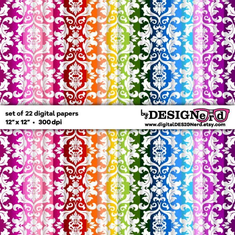 Digital Scrapbook Paper - Rainbow Damask Collection 4 (12"x12") Party ...