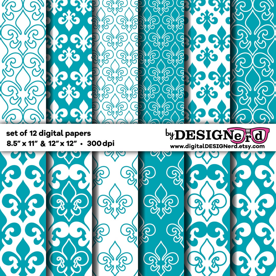 Digital Scrapbook Paper | Teal Blue & White Fleur-de-lis Collection | 8 ...