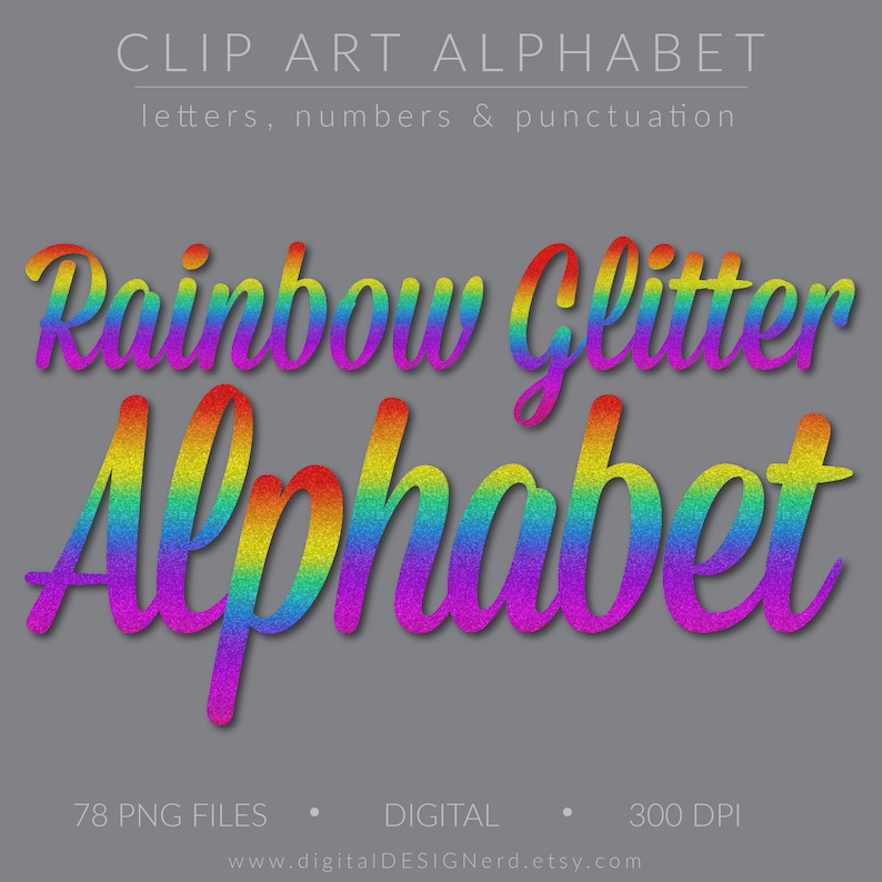 Rainbow Glitter Alphabet Clip Art: 78 PNG Digital Letters (digital ...