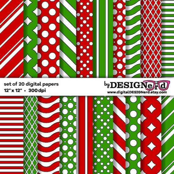 Digital Christmas Scrapbook Paper Red Green & White | Etsy