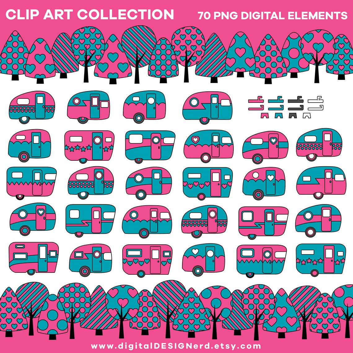 Vintage Camper Clip Art: Teal & Pink Retro RV Graphics (PNG Digital ...