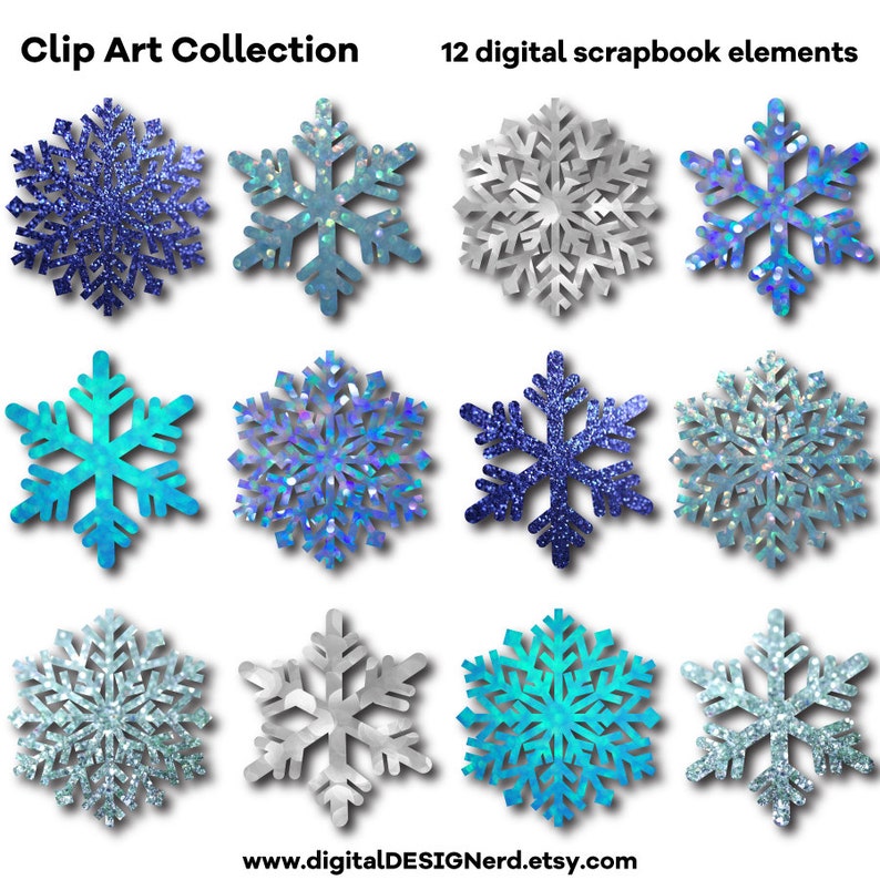 Clip Art Snowflakes Blue & Silver Glitter set of 12 Digital - Etsy