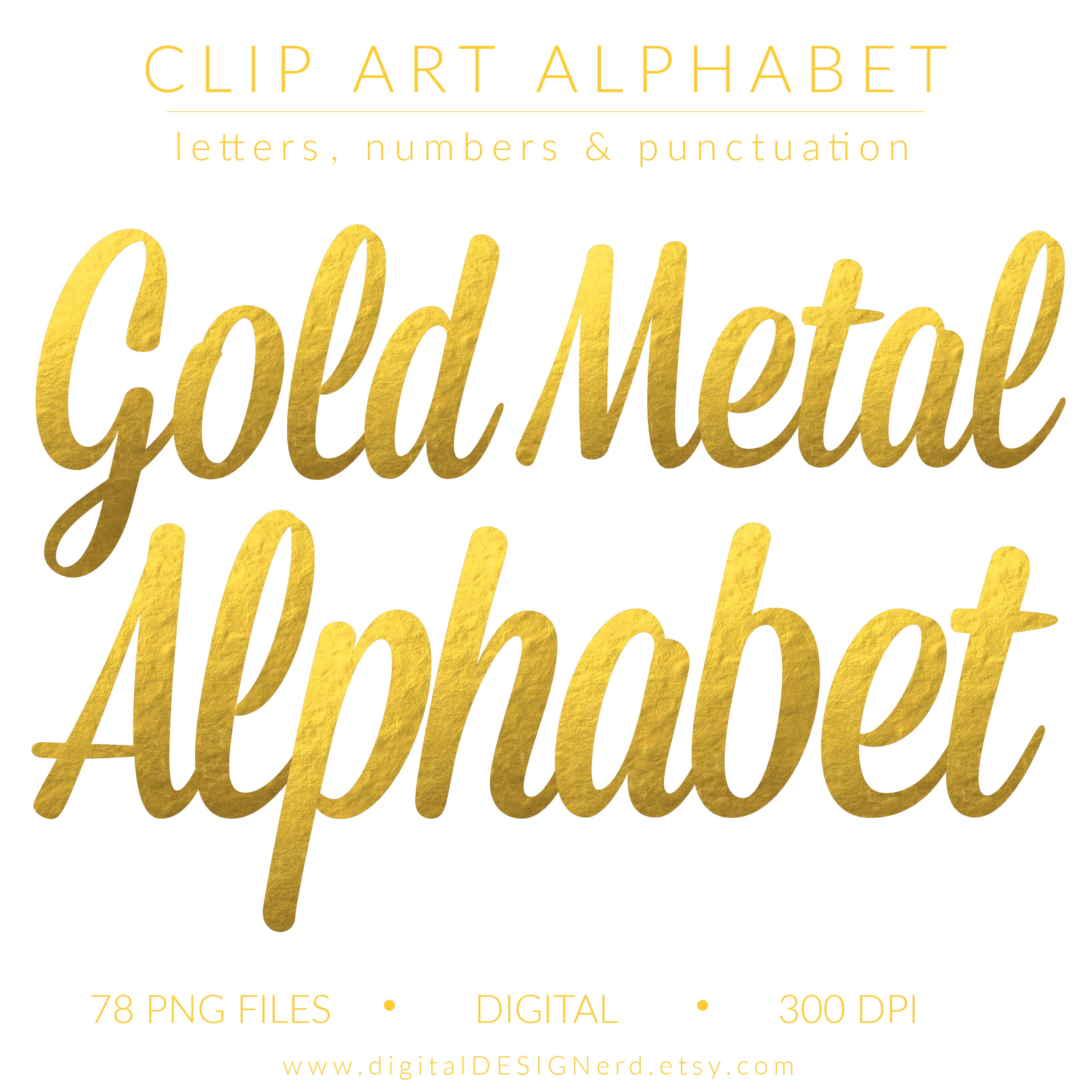 Clip Art Alphabet Bright Gold Metal Foil Letters Numbers & - Etsy