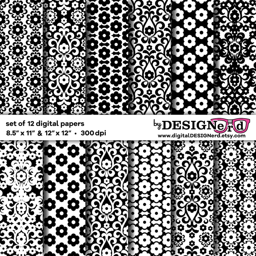 Digital Scrapbook Paper | Black & White Floral Damask Collection | 8 ...