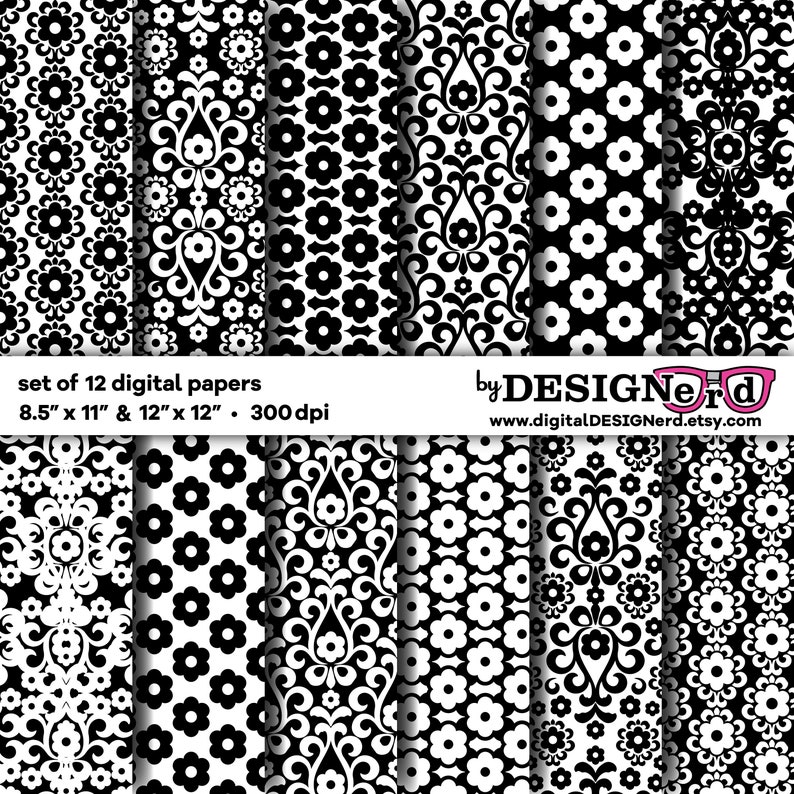 Digital Scrapbook Paper Black & White Floral Damask - Etsy