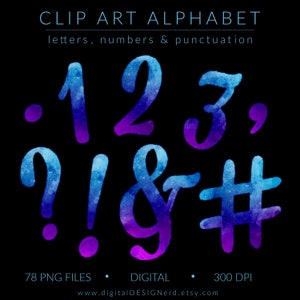 Watercolor Clip Art Alphabet | Dark Blue & Purple Ombre Letters Numbers ...