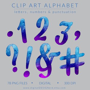 Watercolor Clip Art Alphabet | Dark Blue & Purple Ombre Letters Numbers ...