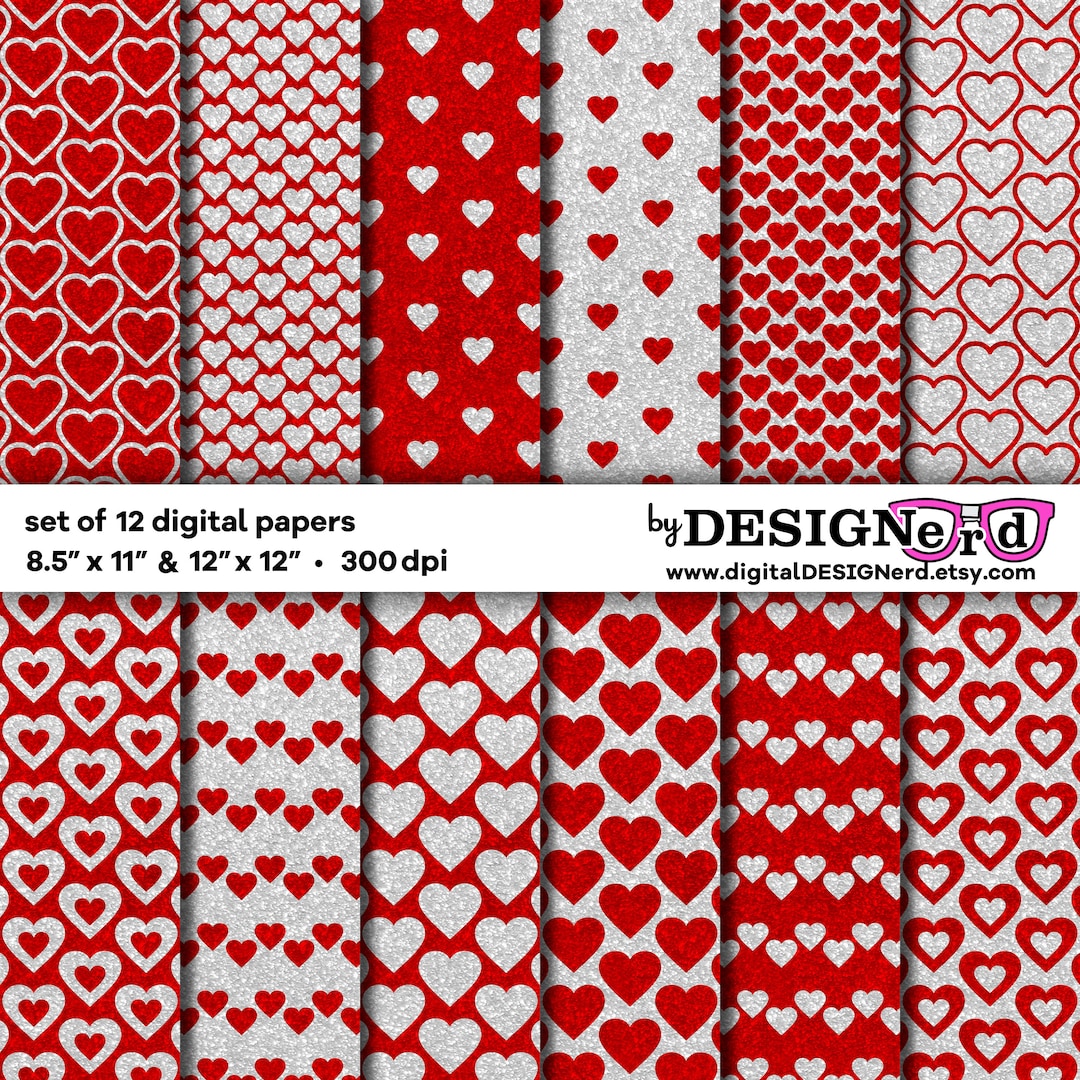 Glitter Heart Digital Paper | Red & Silver | 12x12 8.5x11 Scrapbook ...