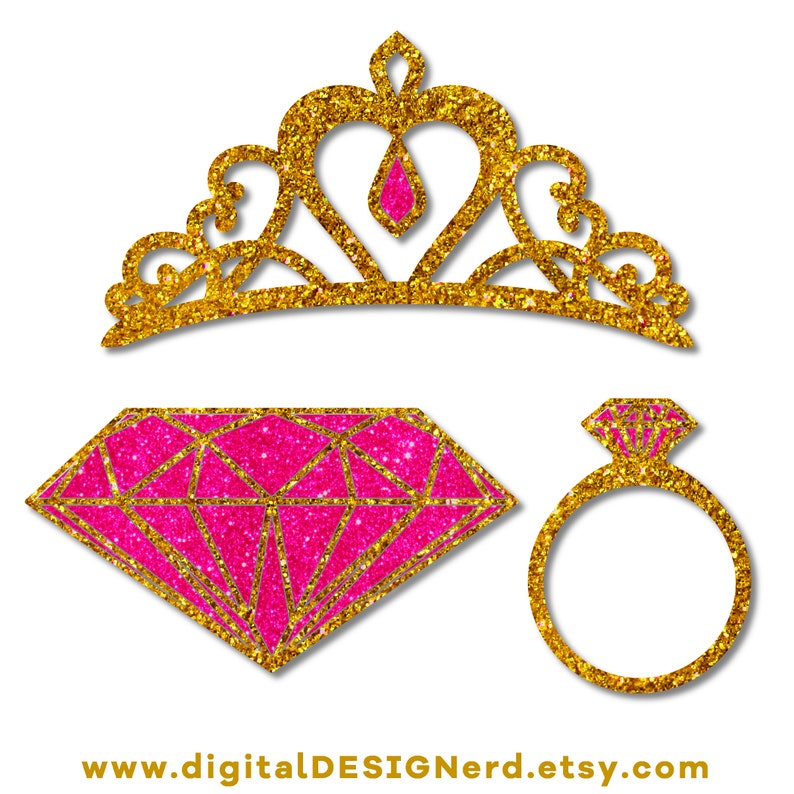 Sparkly Princess Jewelry Clip Art Bright Gold & Pink Glitter - Etsy