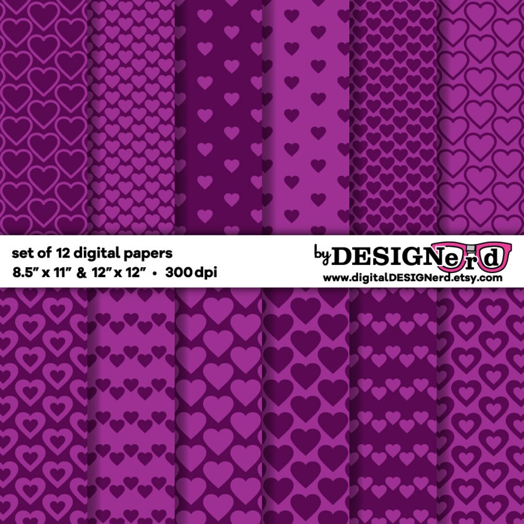 Dark Purple Heart Digital Paper | 12x12 & 8.5x11 | Printable Scrapbook ...