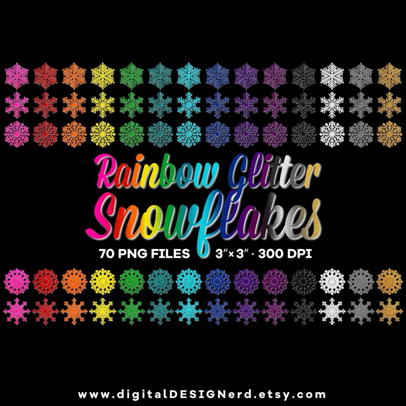 Rainbow Glitter Snowflakes Clip Art: 70 PNG Digital Elements (digital ...