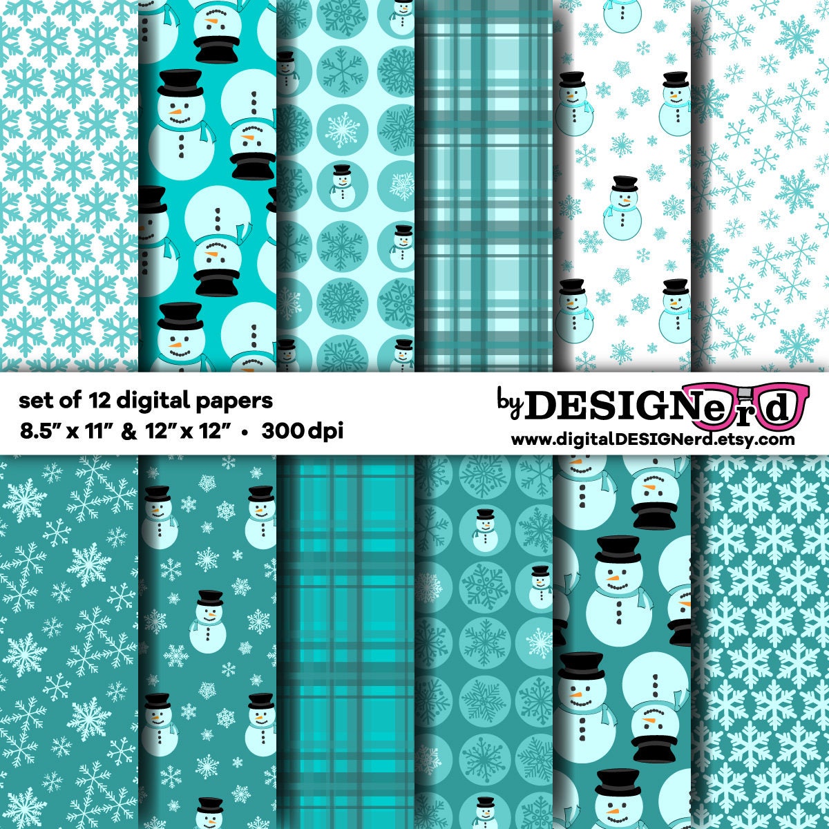 Digital Scrapbook Paper Teal Blue Snowman Collection | Etsy
