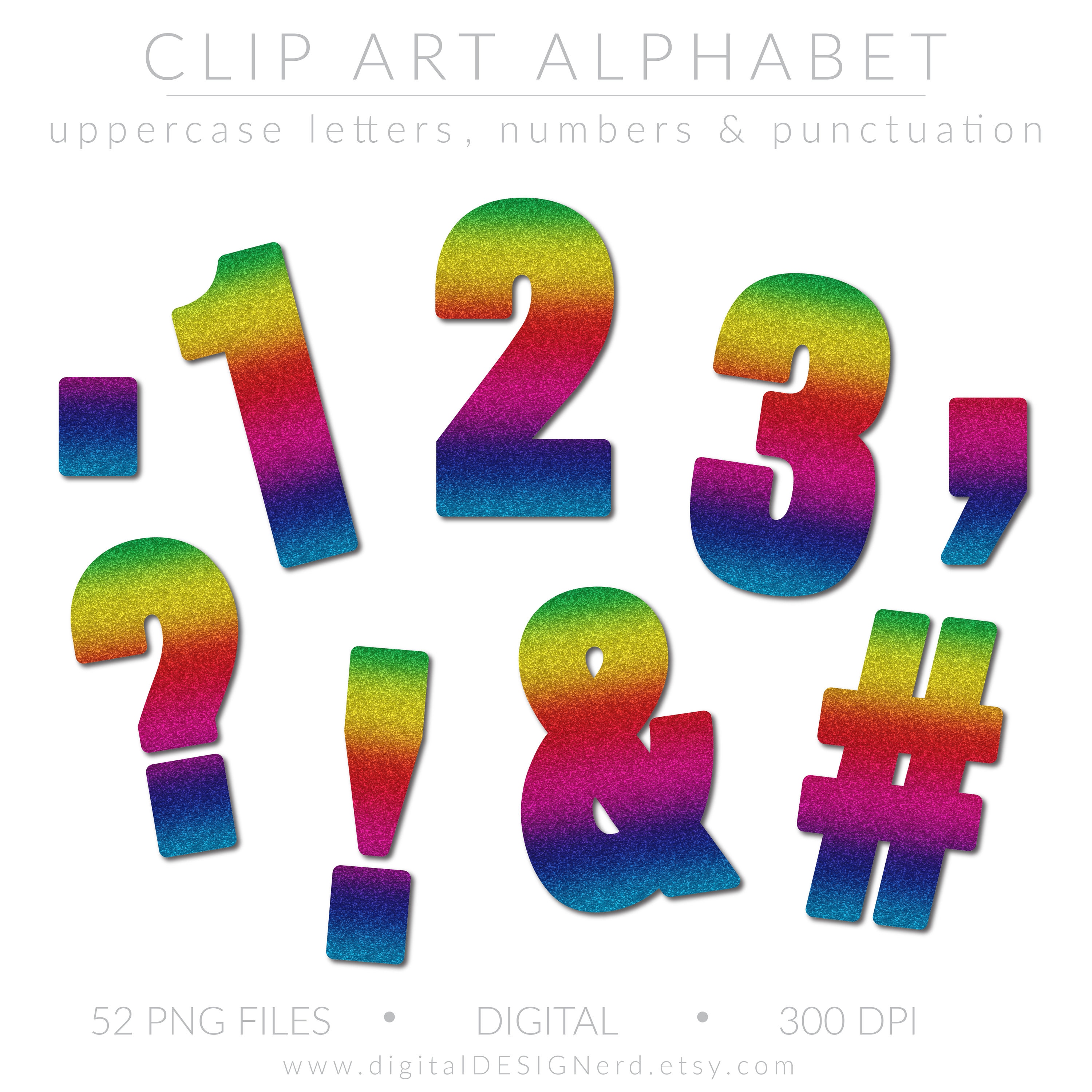 Rainbow Glitter Alphabet Clip Art: PNG Letters, Numbers (digital ...