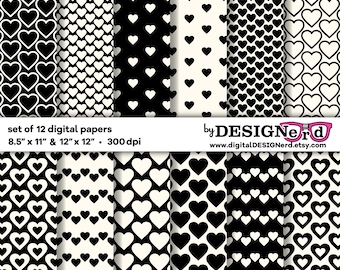 Black and White Heart Digital Paper 12x12 & 8.5x11 | Etsy
